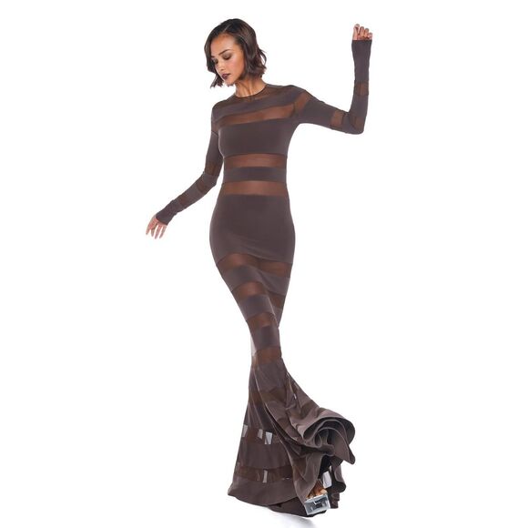 Norma Kamali | Dresses | Nwt Norma Kamali Long Sleeve Spliced Meshstriped Fishtail Gown ...